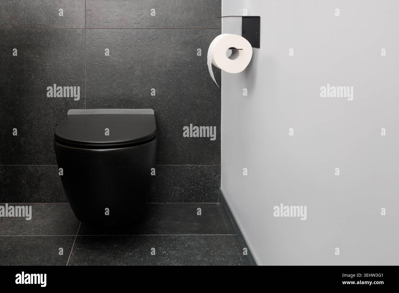 Modern Black Toilet Bowl In Minimalist Bathroom Stock Photo - Alamy