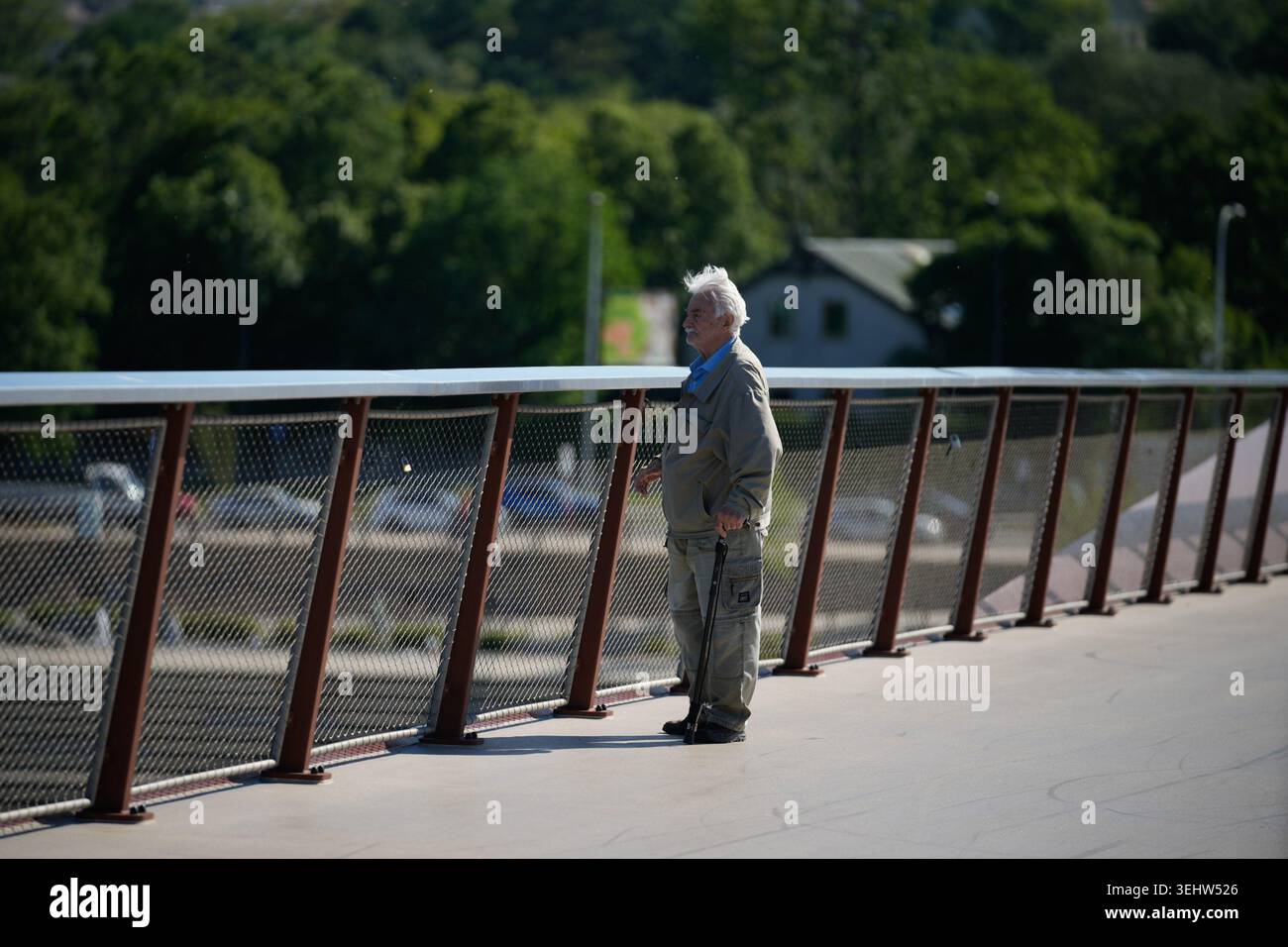 An elderly man looks on over the Vistula river from the Abakanowicz ...