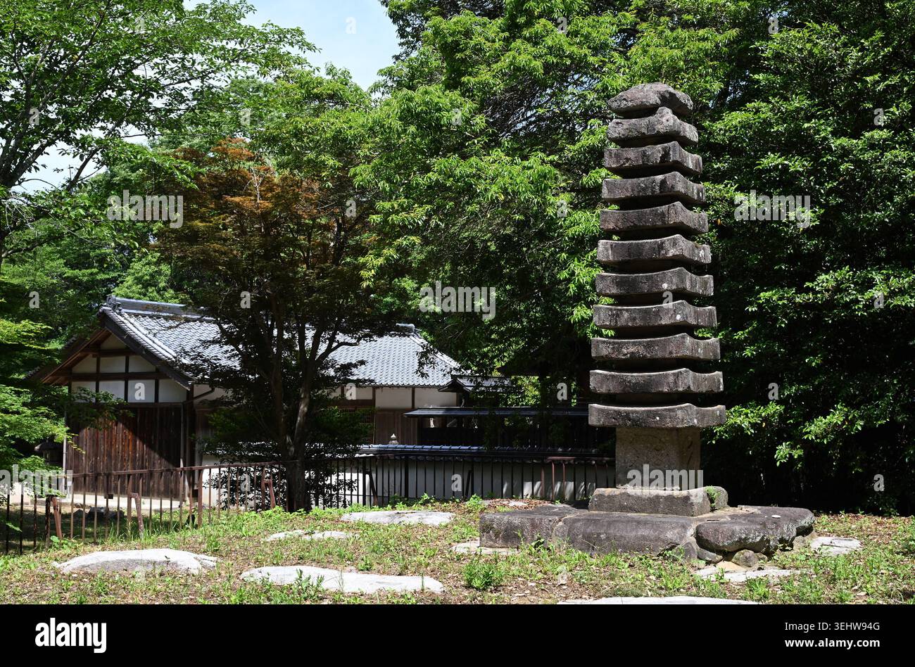 A picture shows a stone tower at Omiashi Jinja Shrine in Asuka Village ...