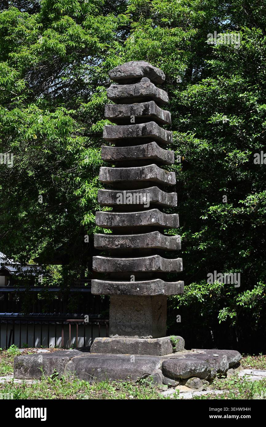 A picture shows a stone tower at Omiashi Jinja Shrine in Asuka Village ...
