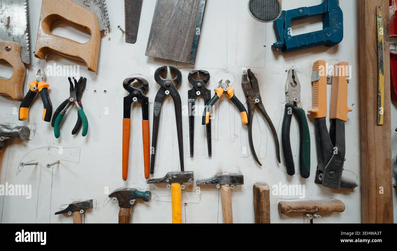 Workshop wall displaying various hand tools for craftsmanship and home ...