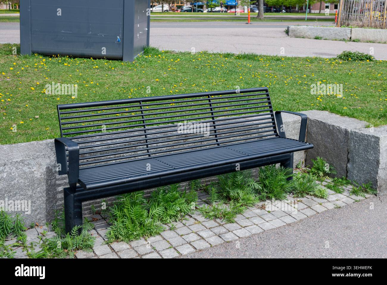 Modern black metal bench in urban park with green grass and minimalist ...