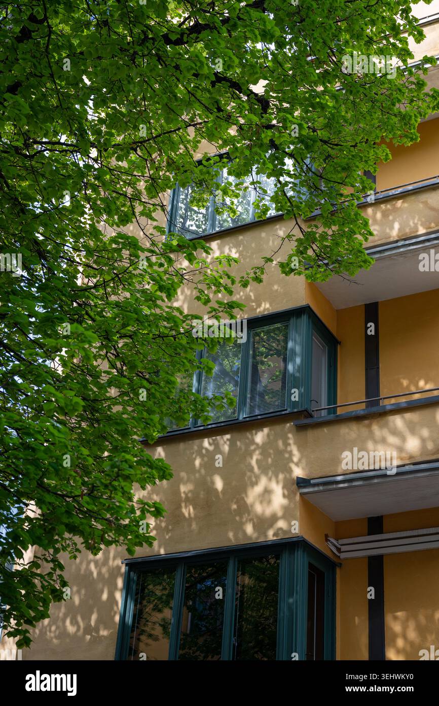 Yellow apartment building facade with green tree branches in sunlight ...