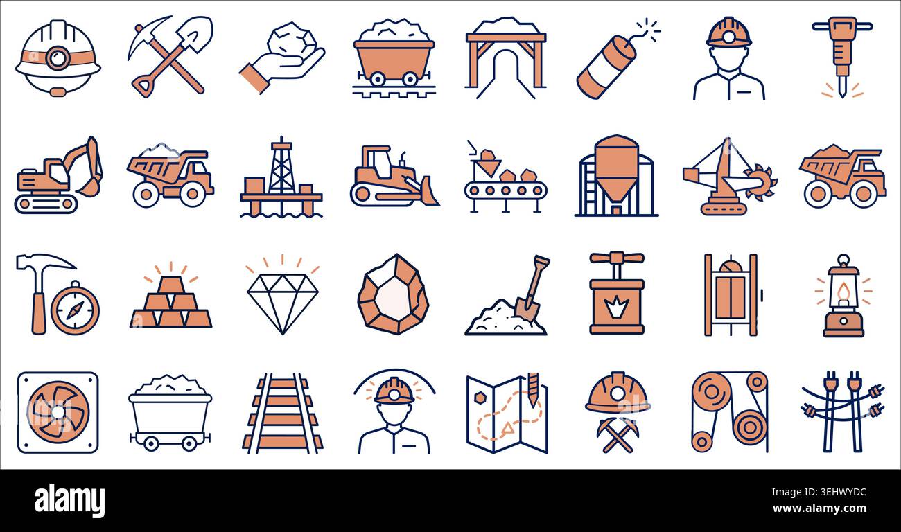 Vector icon set representing industrial mining and extraction ...