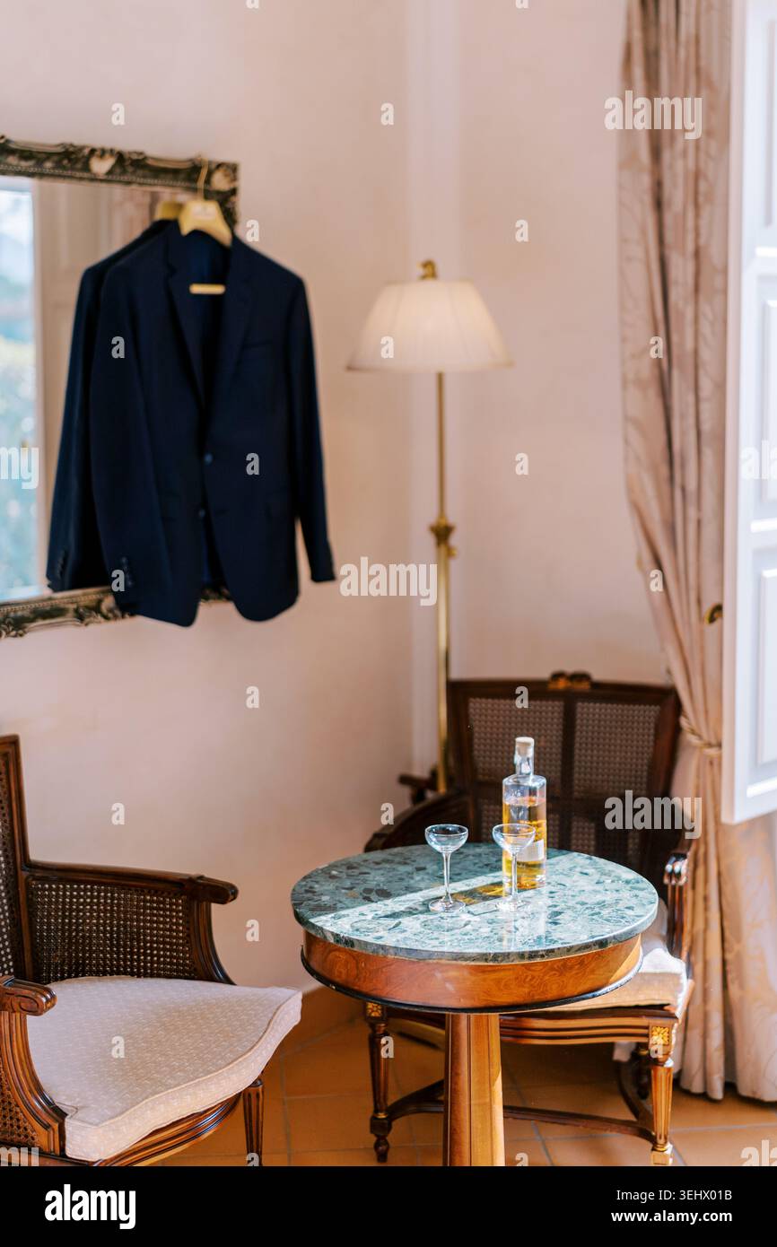 Chic hotel environment with natural light and professional traveler ...