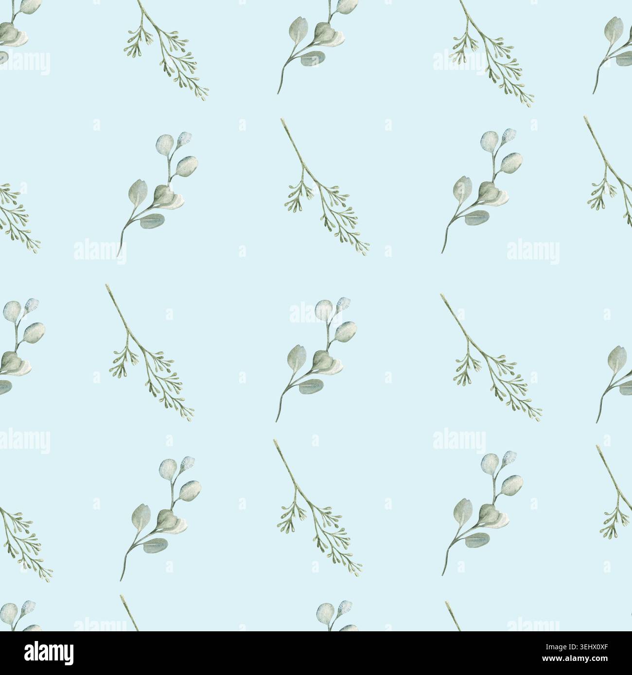 Green eucalyptus Watercolor branches seamless pattern on a blue ...