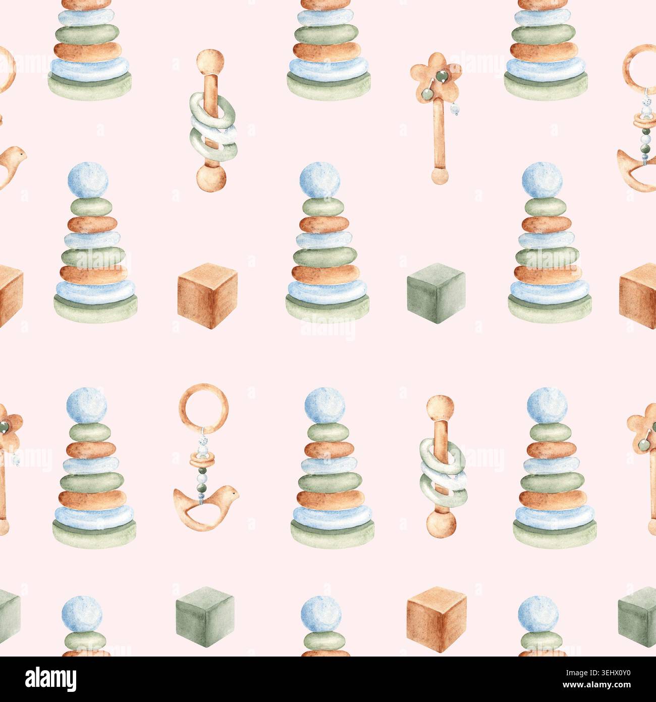 Baby girls toys seamless pattern on a pink background. Watercolor ...