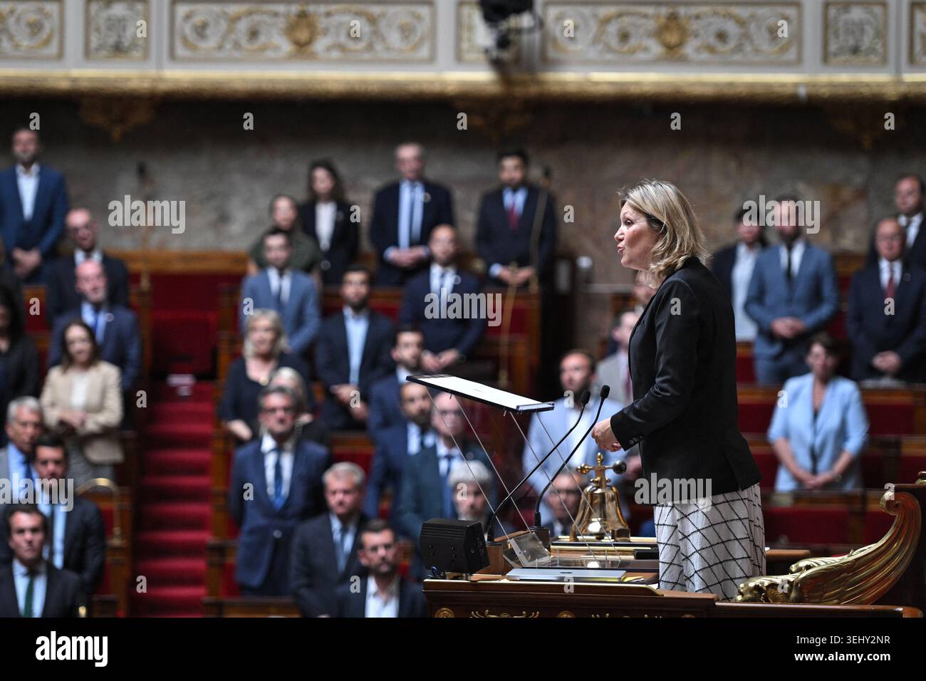 French National Assembly president Yael Braun-Pivet delivers a speech ...