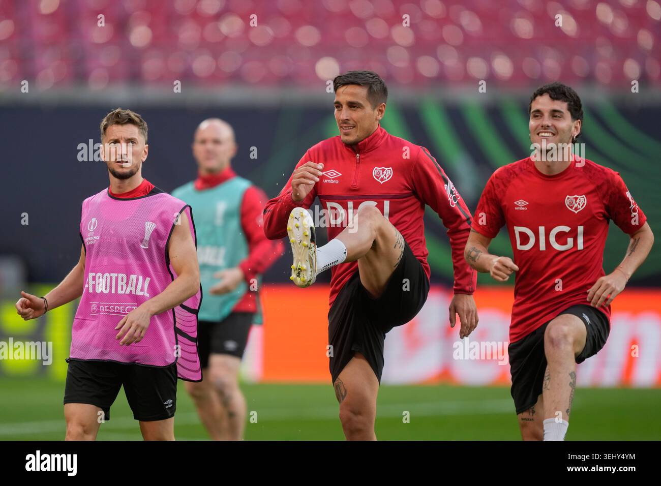 From left, Rayo's Ivan Balliu, Oscar Trejo and Sergio Camello work out ...