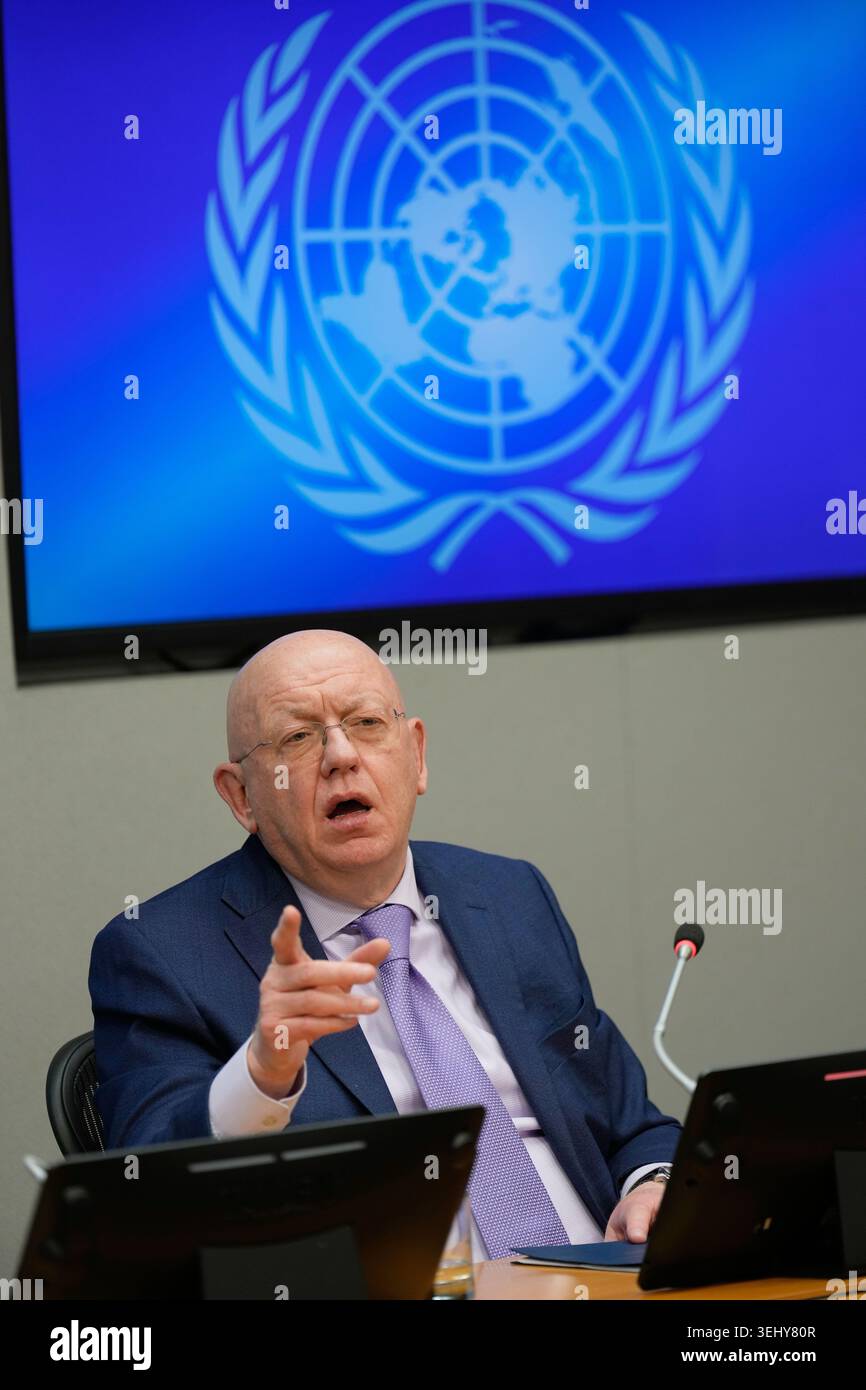 Russian Ambassador to the United Nations Vassily Nebenzia speaks to ...