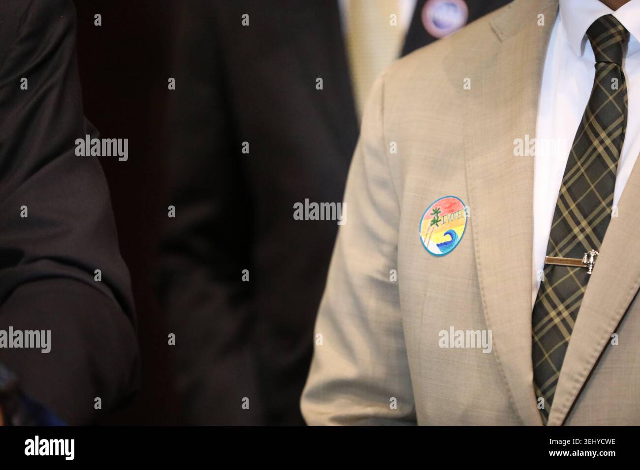 Democratic South Carolina Sen. Deon Tedder wears a voting sticker ...
