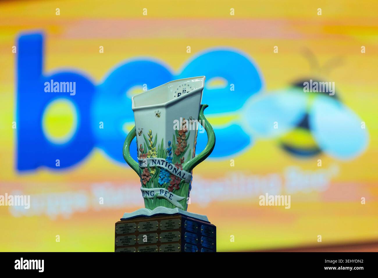 The Scripps National Spelling Bee ceramic trophy is seen during the ...