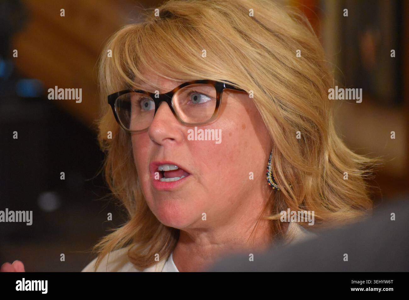 N.B. Social Development Minister Cindy Miles speaks to reporters at the ...