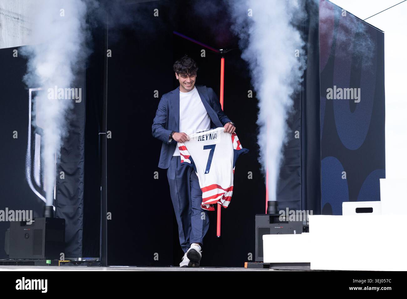 Forward Gio Reyna on stage during the USA World Cup roster reveal on ...