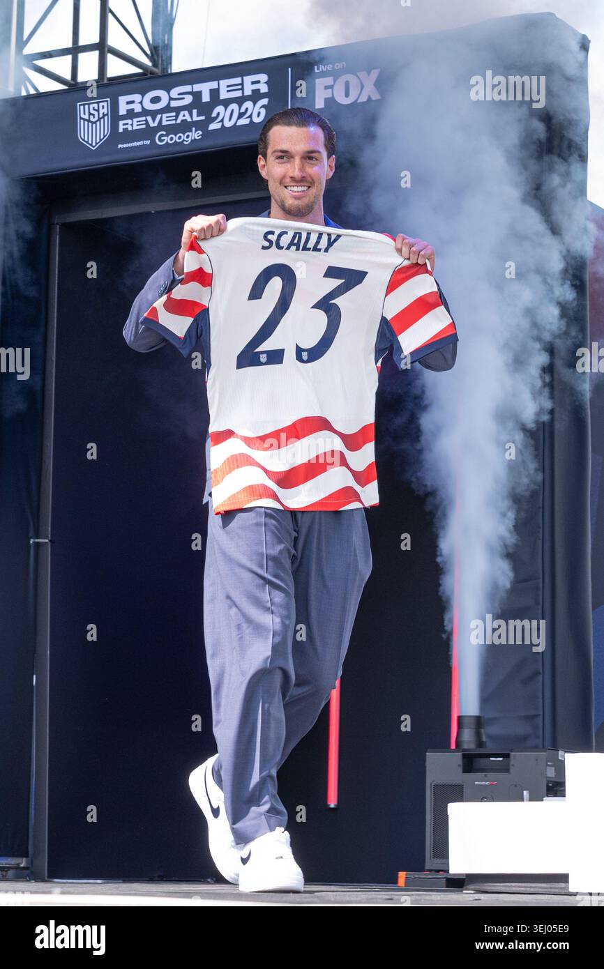 Defender Joe Scally on stage during the USA World Cup roster reveal on ...