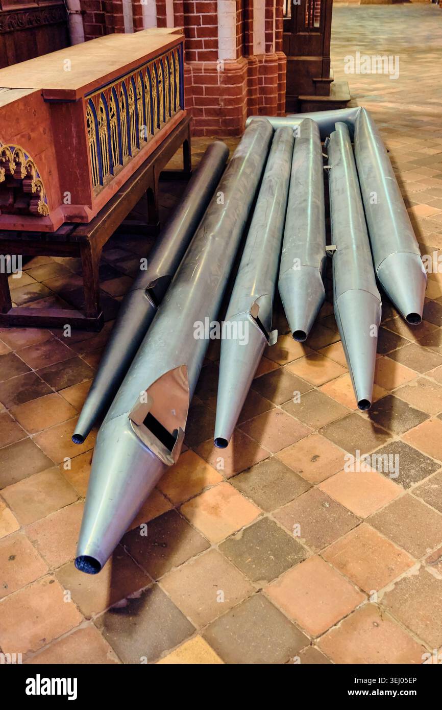 Bad Doberan, Germany - 19 July 2025: View of large metal organ pipes ...