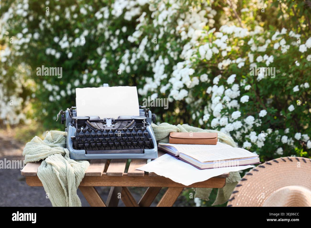 Vintage typewriter with book on table in garden Stock Photo - Alamy