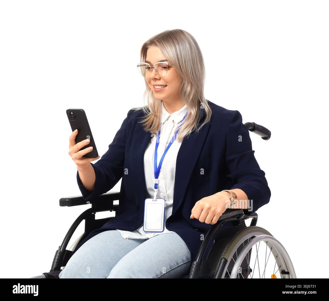 Young businesswoman with mobile phone in wheelchair on white background ...