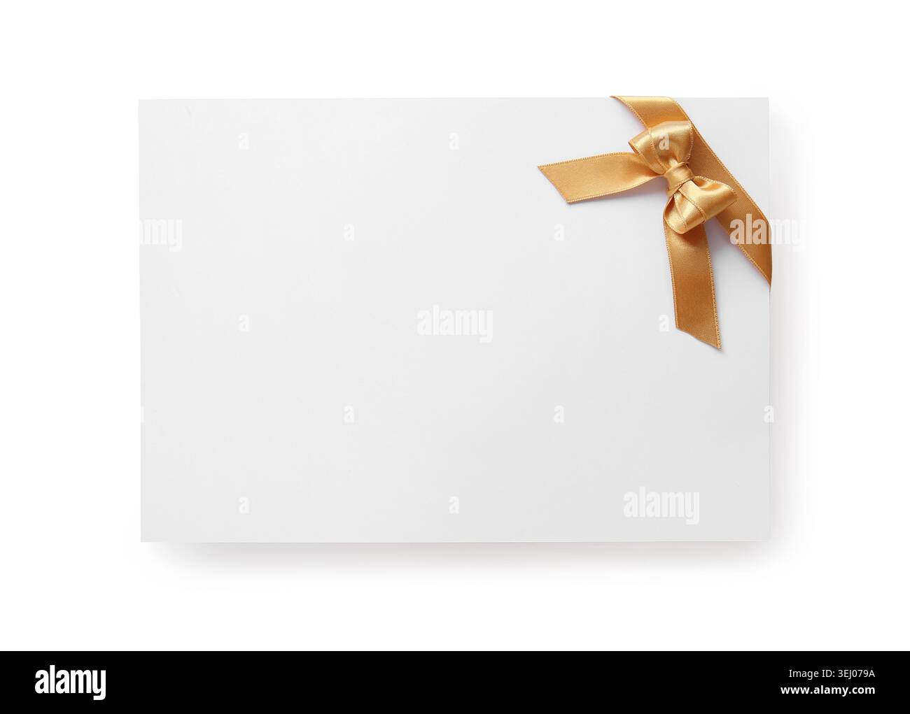 Blank paper sheet with beautiful golden ribbon on white background ...