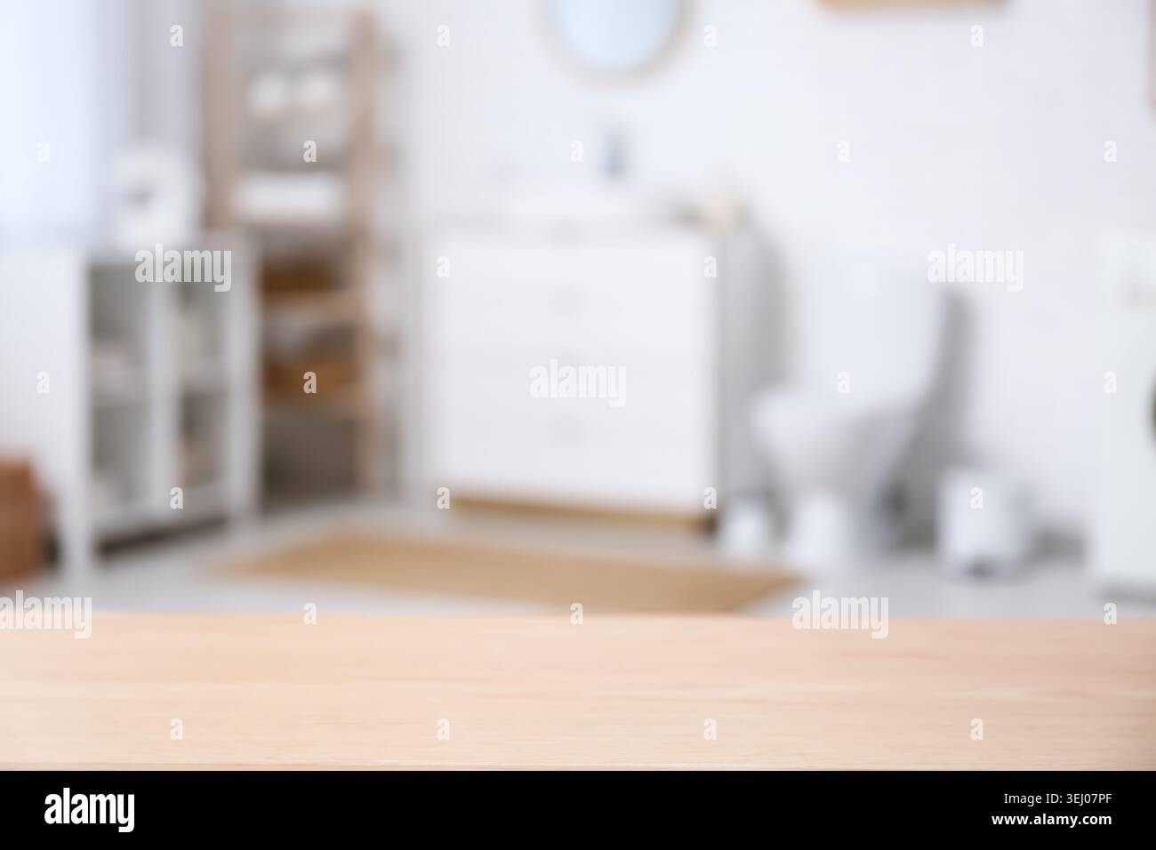 Empty wooden table in restroom, closeup Stock Photo - Alamy