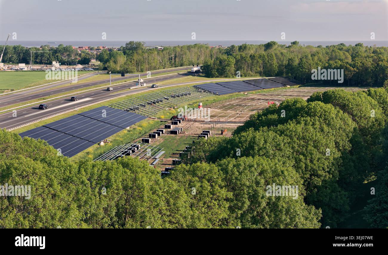 Den Oever, Netherlands - 21 May 2026: Aerial view of solar park ...