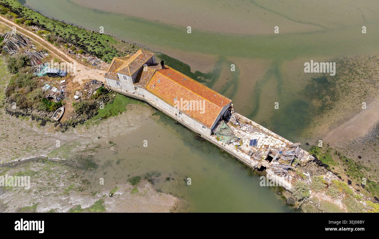 Alhos Vedros, Portugal - 16 December 2024: Aerial view of a historic ...