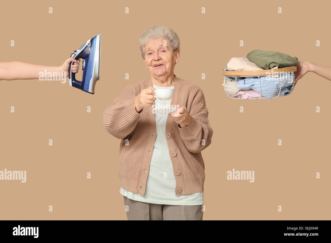 Happy senior woman drinking coffee and hands holding iron with basket ...