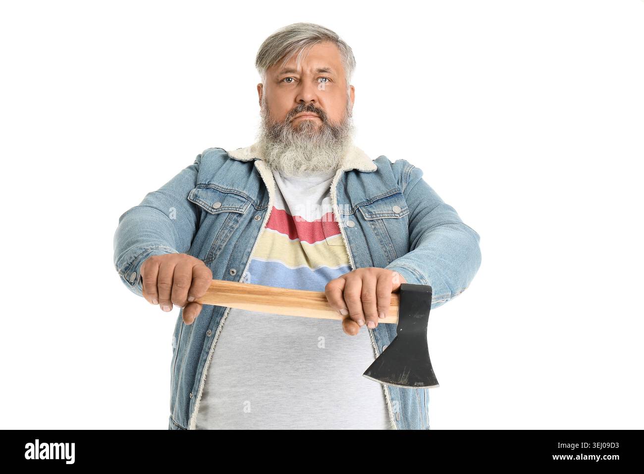 Portrait of mature lumberjack with axe on white background Stock Photo ...
