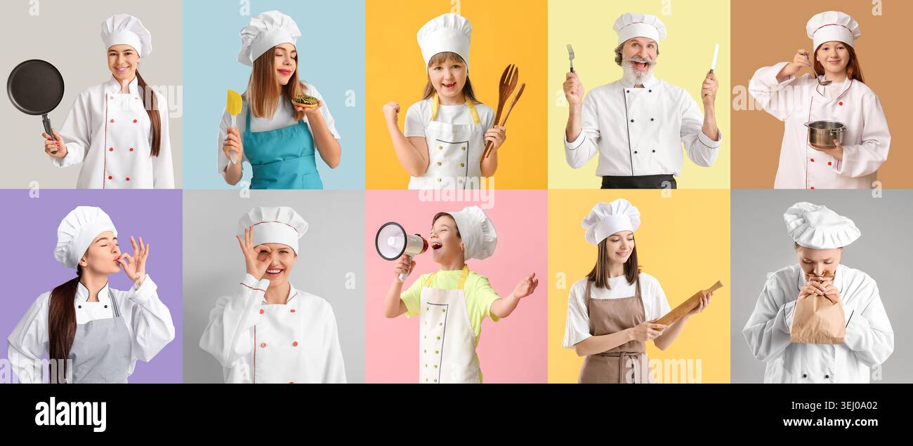 Collage of many chefs on color background Stock Photo - Alamy