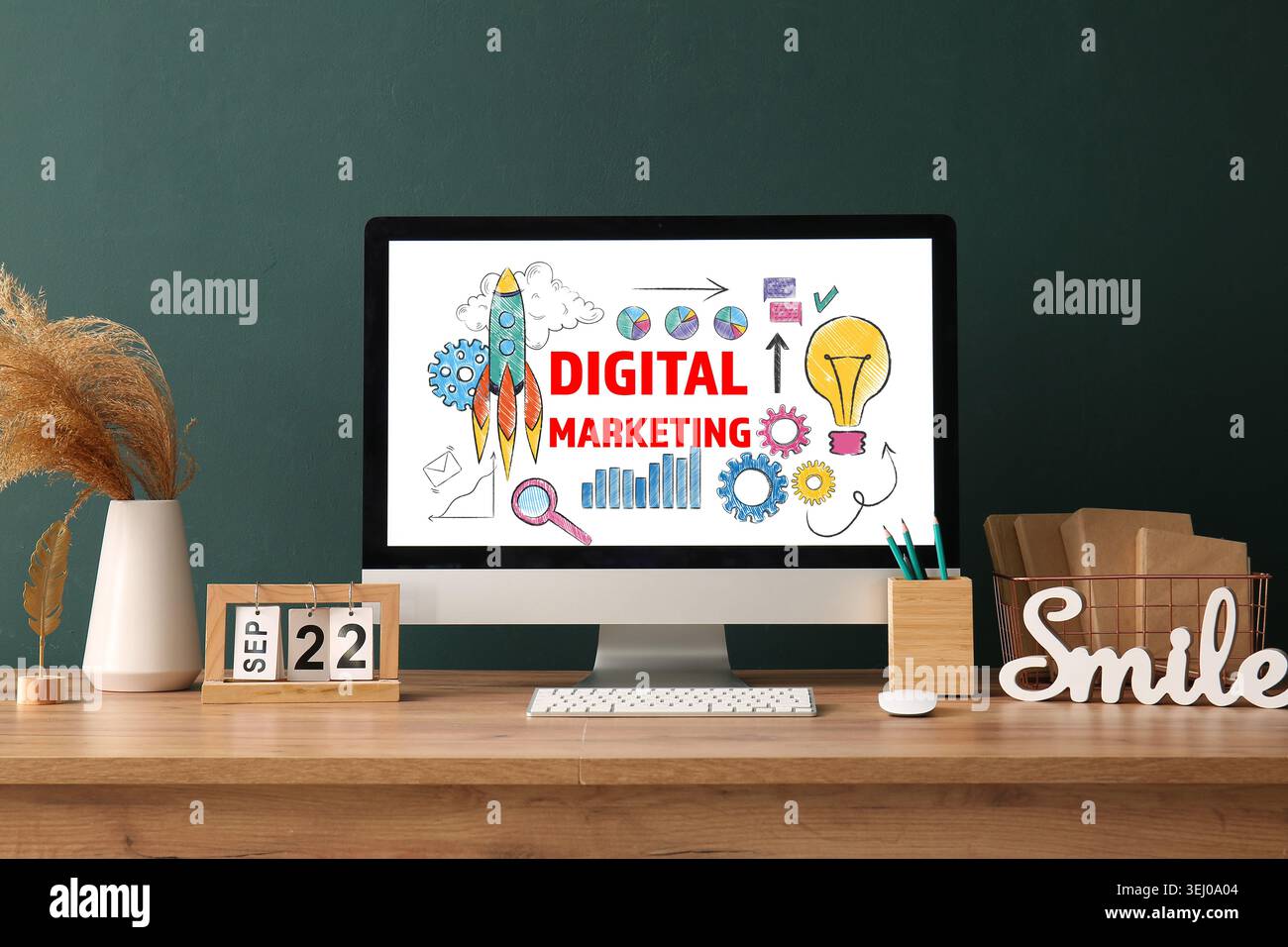 Workplace with computer monitor in office. Concept of digital marketing ...