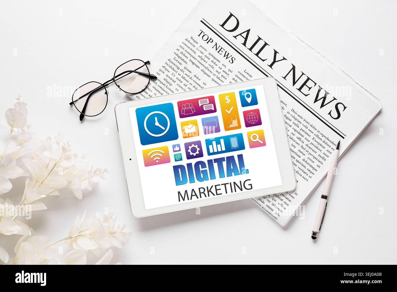 Tablet computer, eyeglasses and newspaper on white background. Concept ...