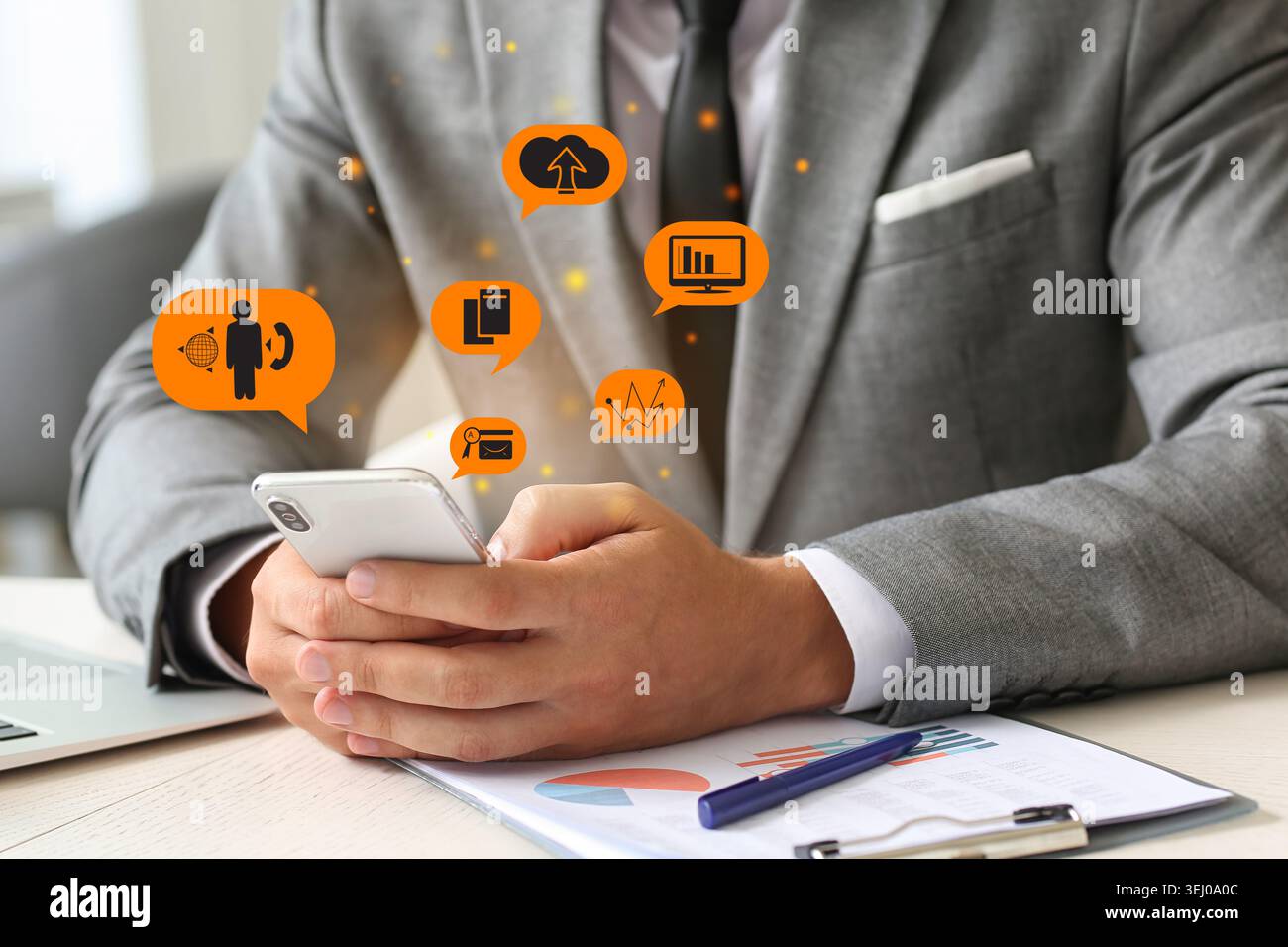 Digital icons and businessman using mobile phone in office. Concept of ...