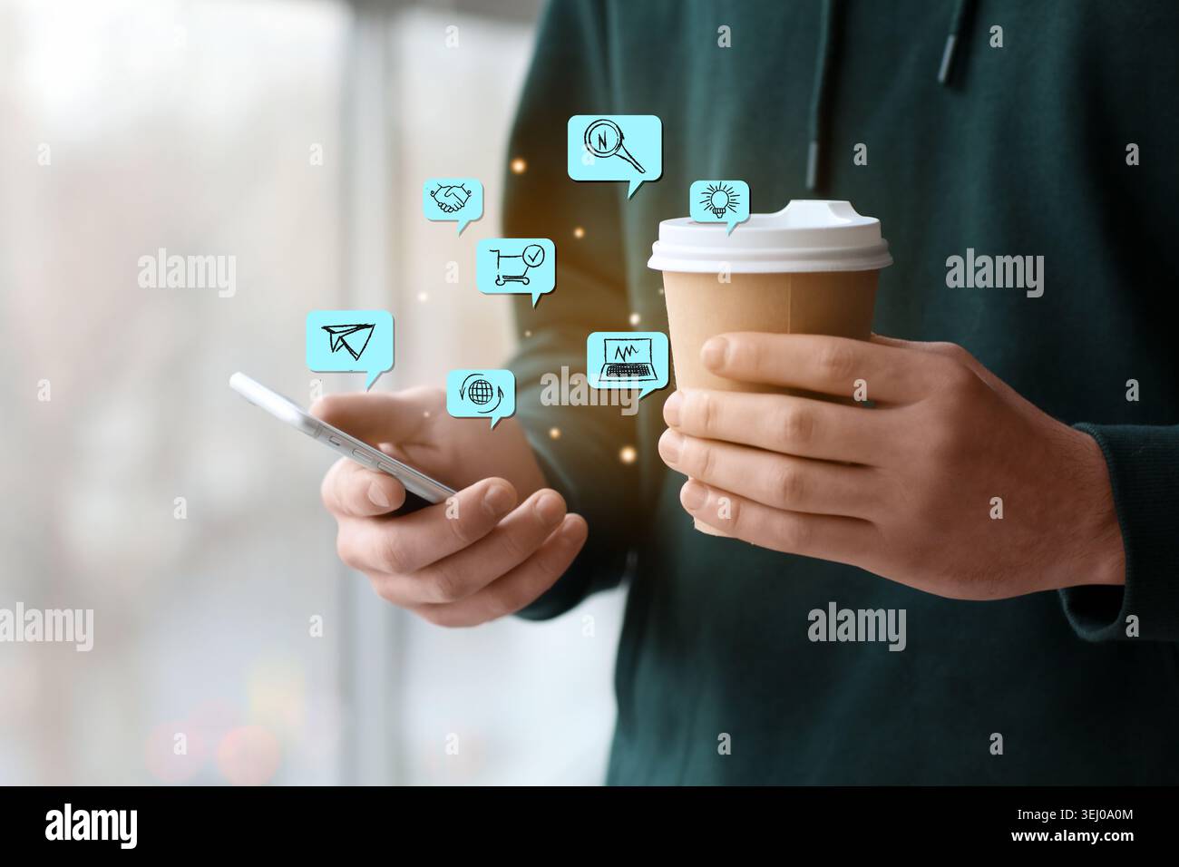 Digital icons and man with cup of coffee and mobile phone near window ...