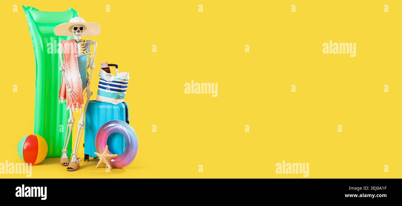 Human skeleton, beach accessories and suitcase on yellow background ...
