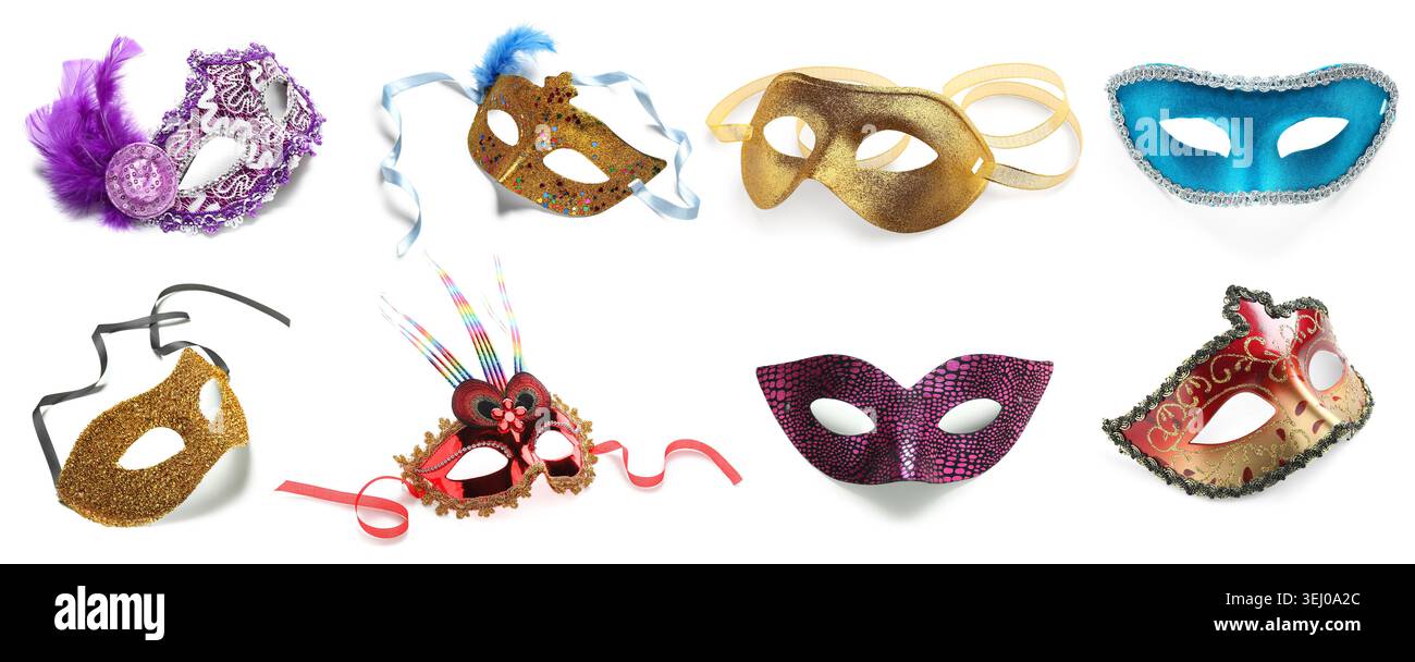 Set of different carnival masks on white background Stock Photo - Alamy