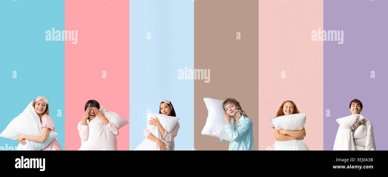 Collage of young people with soft pillows on color background Stock ...