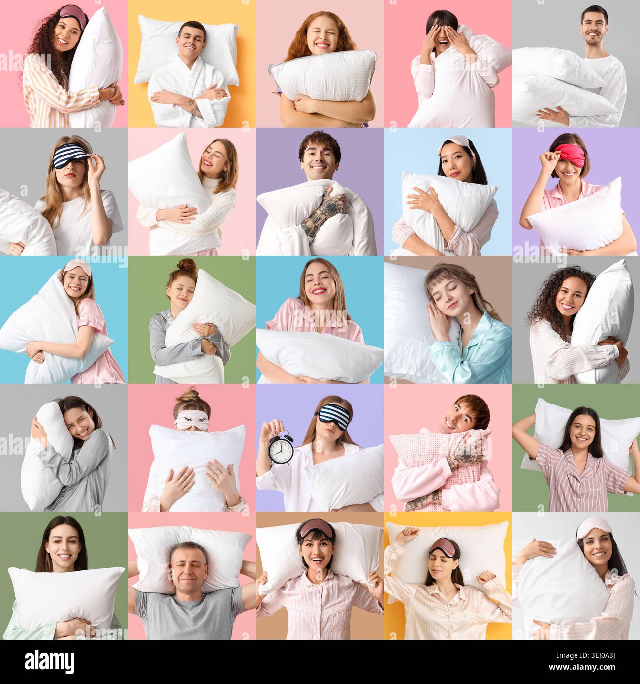 Big collage of people with soft pillows on color background Stock Photo ...