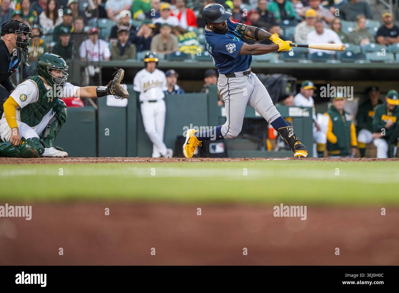 Seattle Mariners' Randy Arozarena hits during the fourth inning of a ...