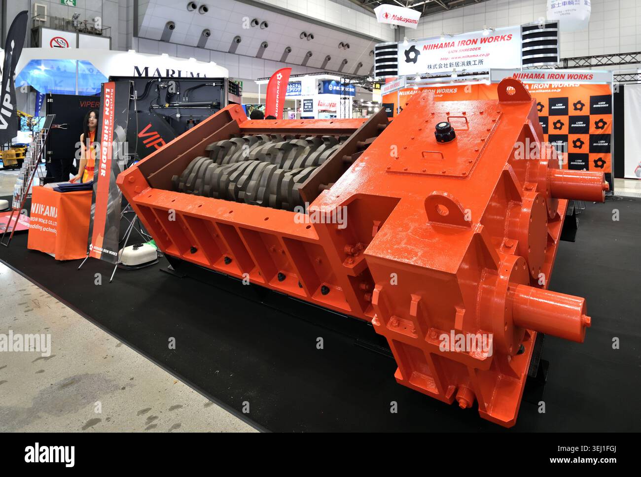 Niihama Iron Works' shredder is displayed at the New Environmental Expo ...