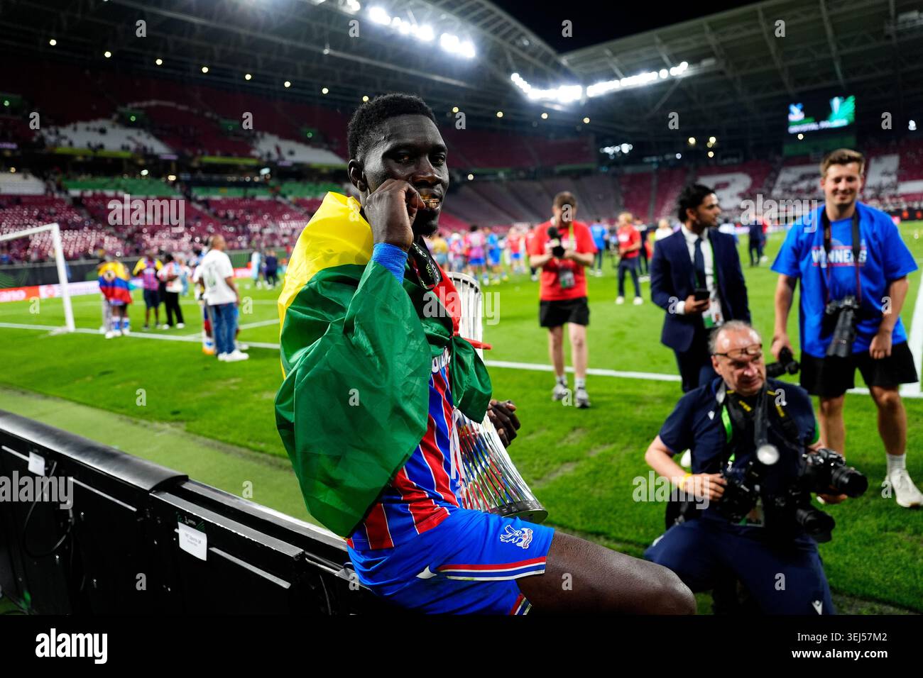Crystal Palace's Ismaila Sarr celebrates after winning the UEFA Europa ...