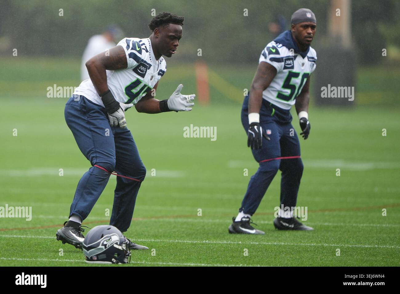 Seattle Seahawks linebacker Jalan Gaines warms up during practice at ...