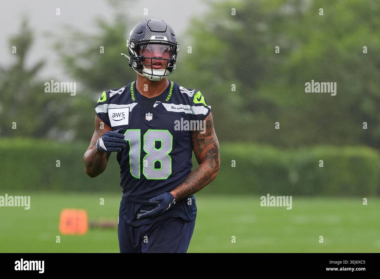Seattle Seahawks tight end Elijah Arroyo jogs during practice at the ...