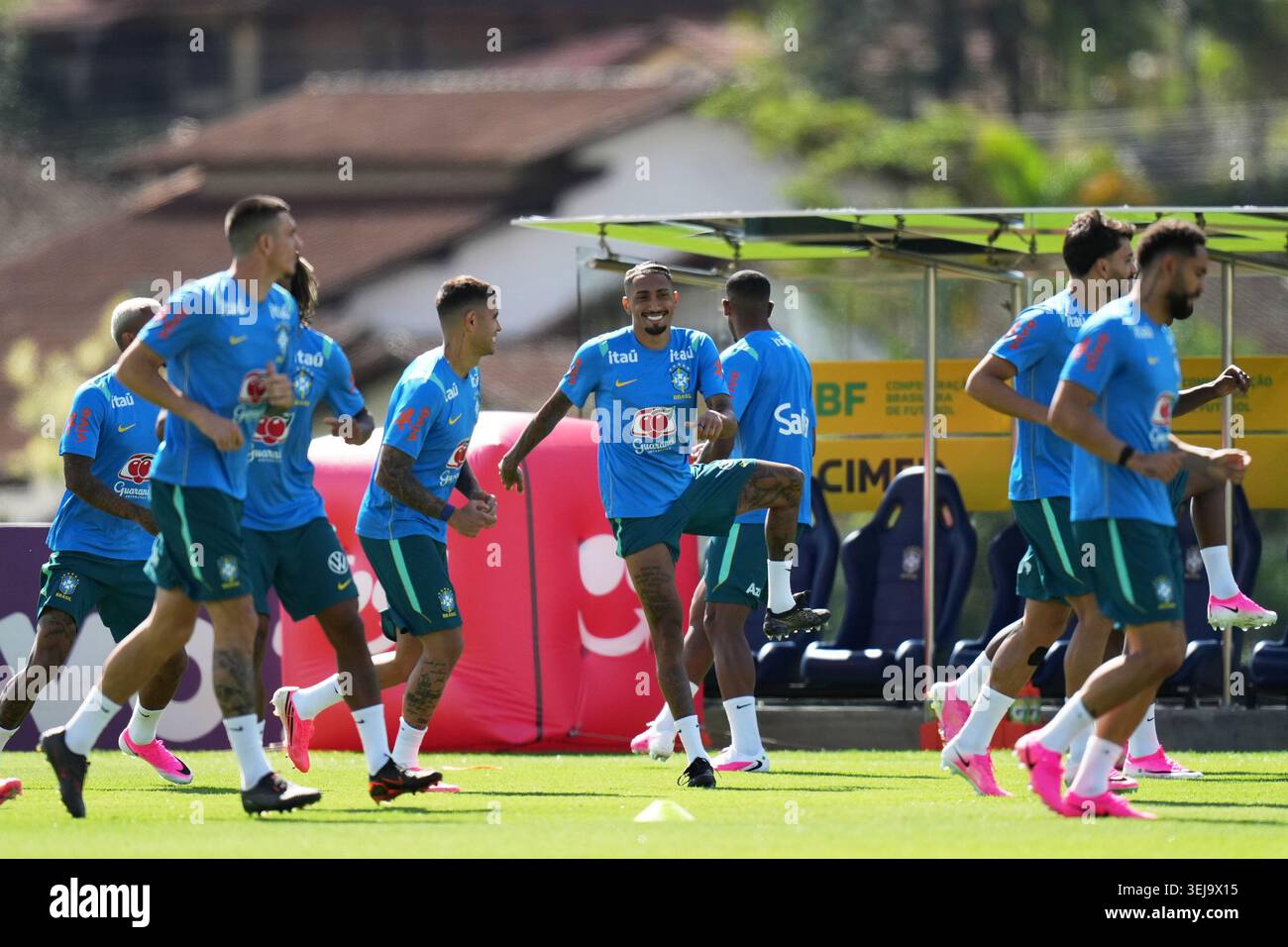 Brazil's Raphina, center, trains ahead of the FIFA World Cup 2026, in ...