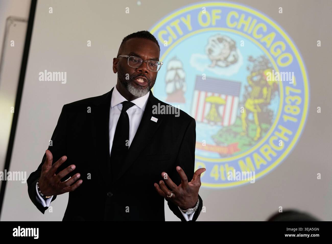 Chicago's Mayor Brandon Johnson attends a press briefing in Rome ...