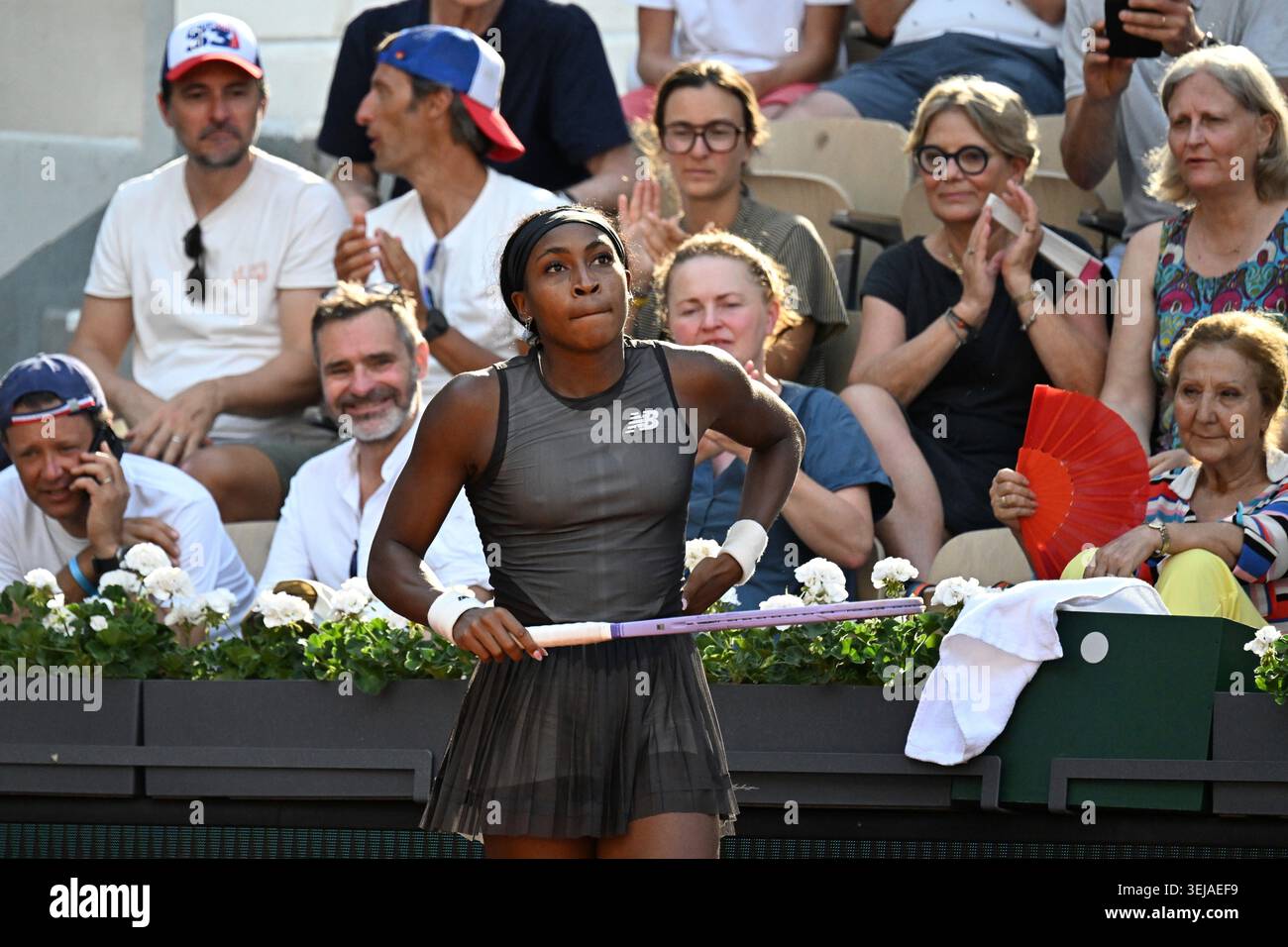 Coco Gauff of the U.S. reacts as she plays against Mayar Sherif of ...