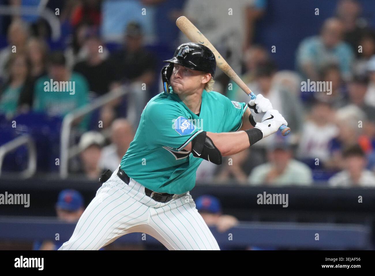 Miami Marlins' Kyle Stowers bats during the first inning of a baseball ...