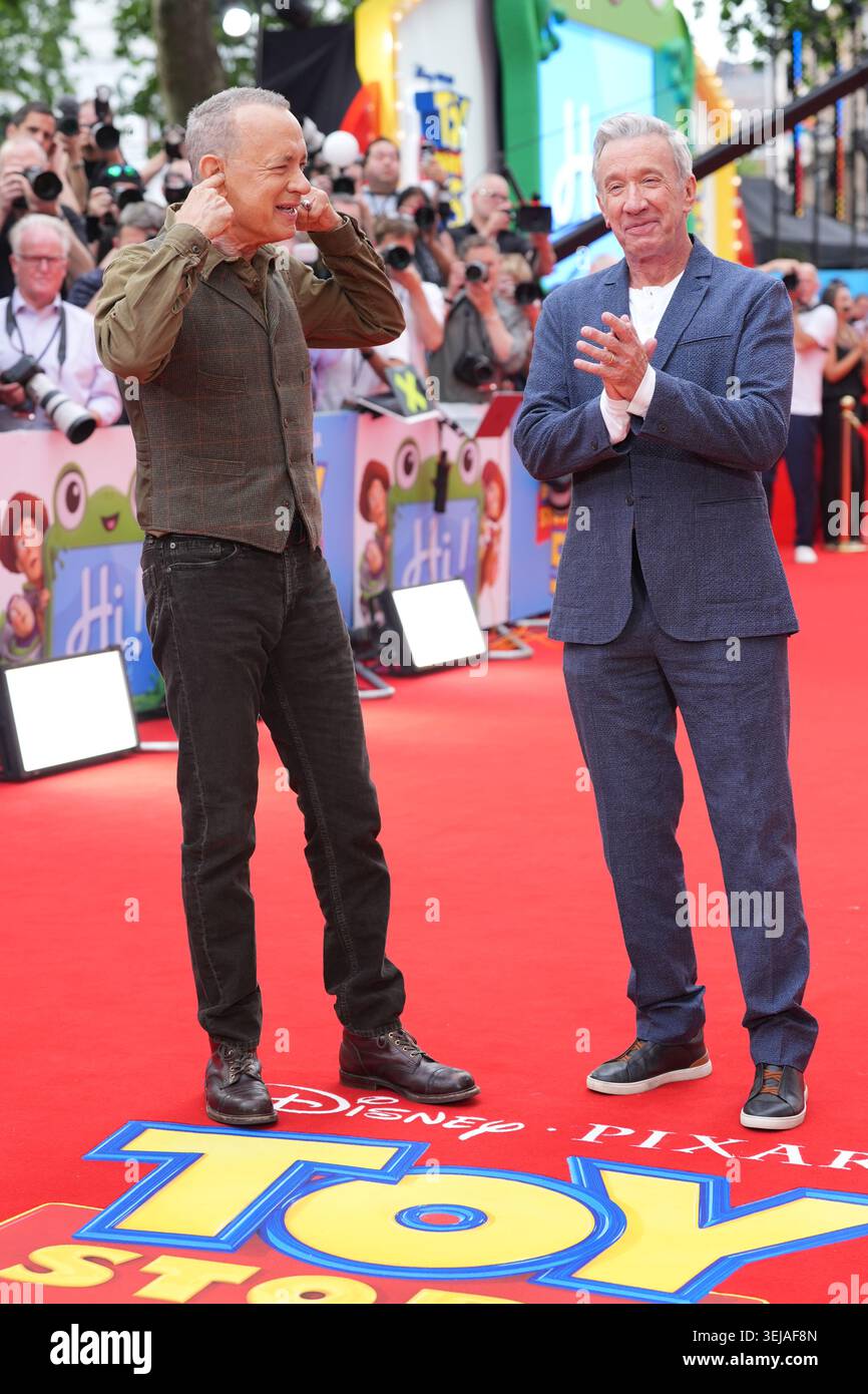 Tom Hanks (left) and Tim Allen at a launch event for Toy Story 5, at ...