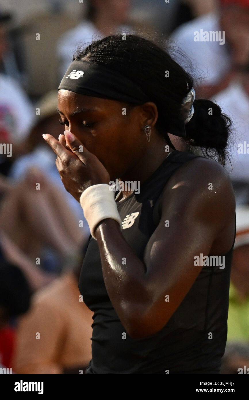 Coco Gauff of the U.S. reacts as she plays against Mayar Sherif of ...