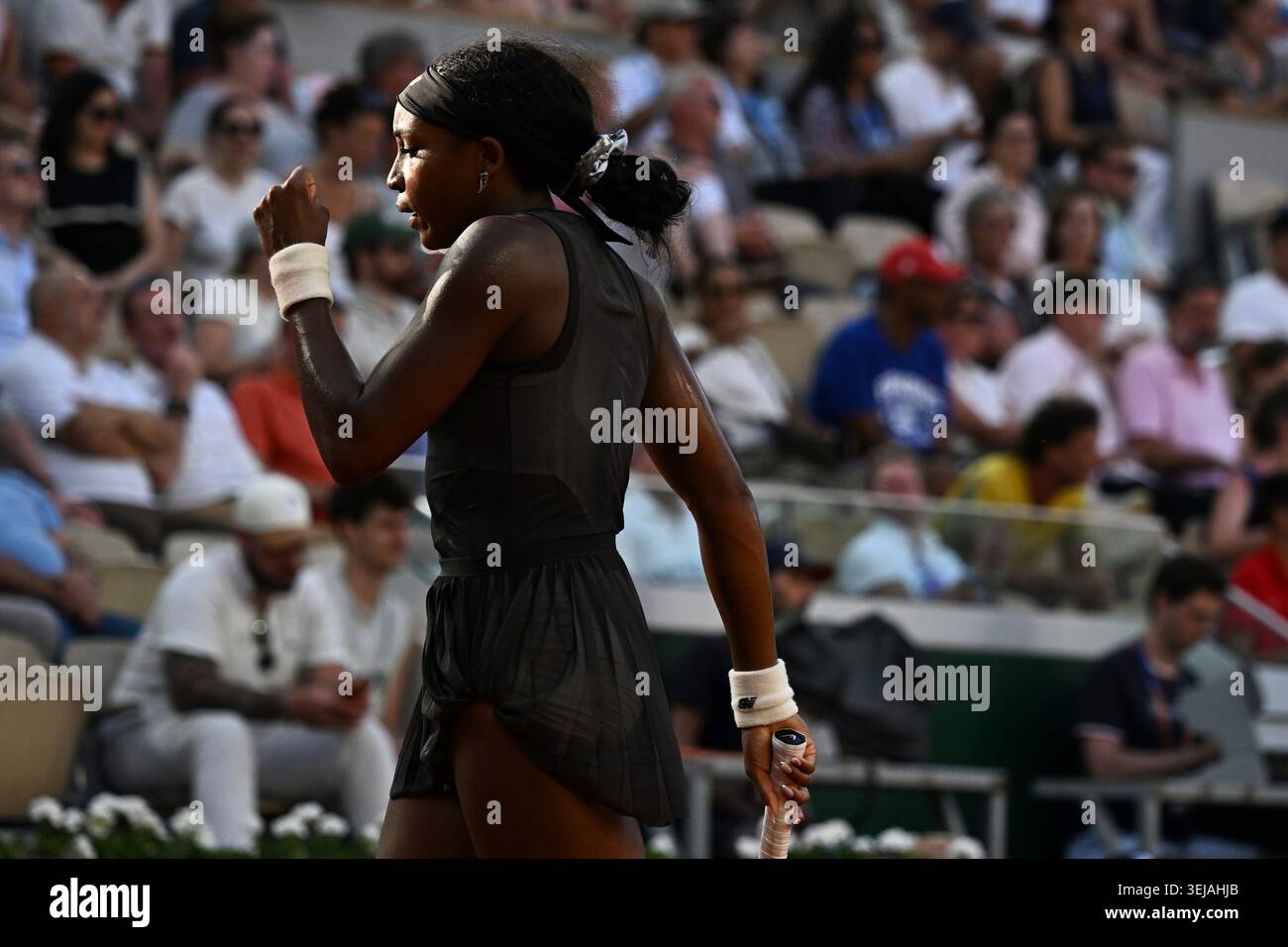 Coco Gauff of the U.S. reacts as she plays against Mayar Sherif of ...