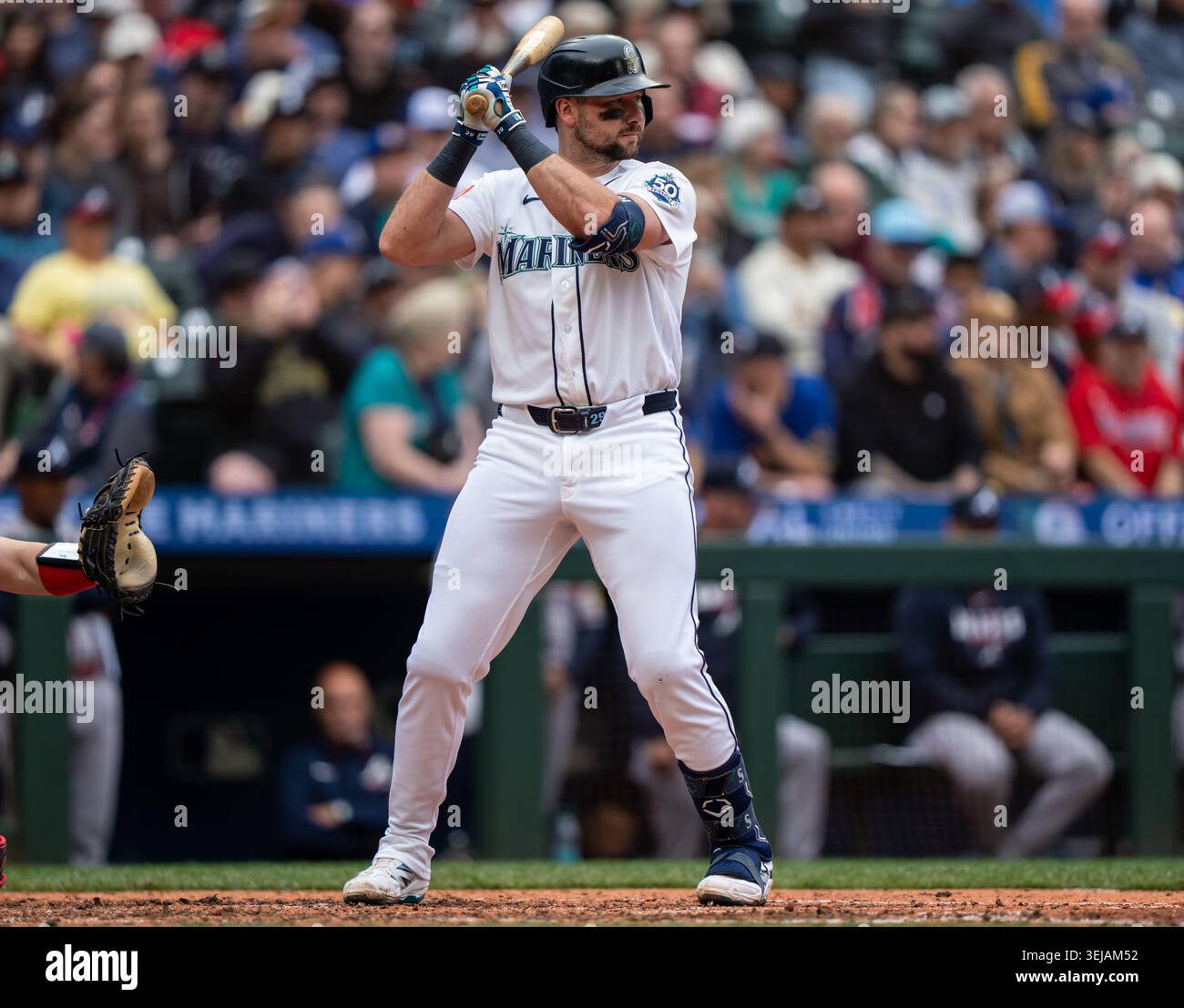 Seattle Mariners' Cal Raleigh waits for a pitch during an at-bat in a ...